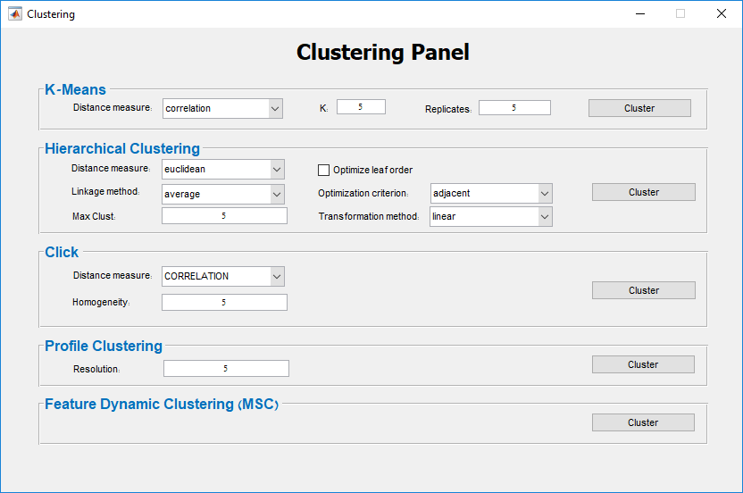 Clustering panel: This panel allows selection of a clustering methods ...